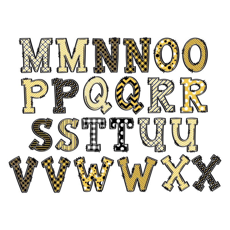 Doodle Gold Black PNG Alphabet Bundle Double Sets of - Etsy