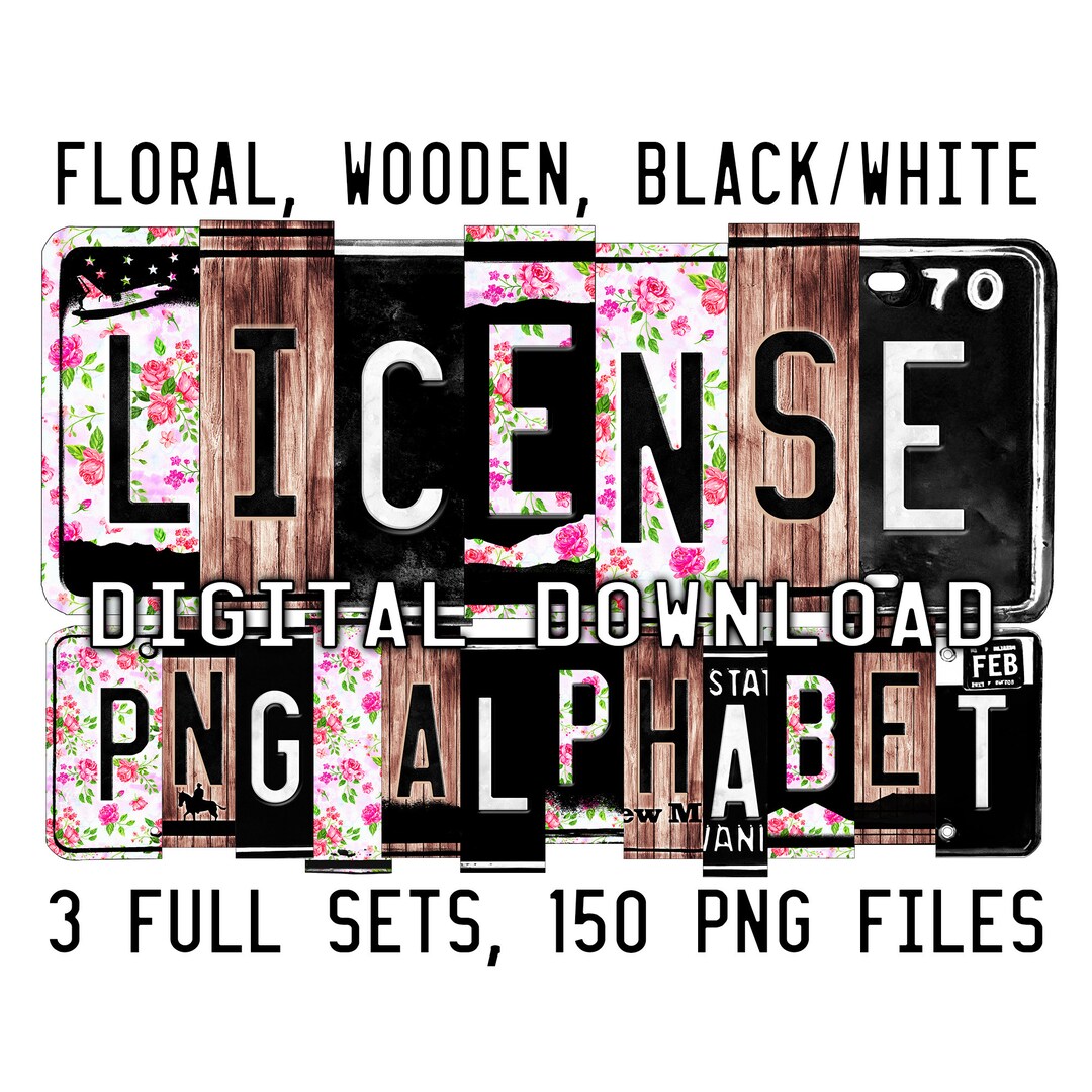 Digital Download | License Plate Alphabet Bundle | Floral, Wood, Black ...