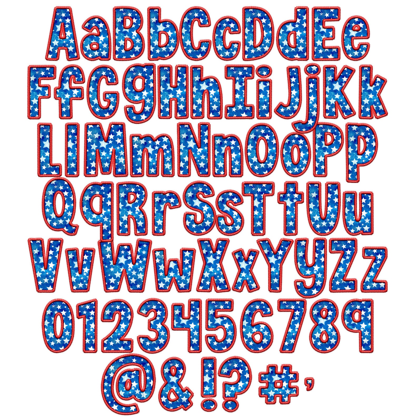 Stars Stripes Sequin Alphabet PNG Pack, Faux Embroidery Stitch Alpha ...