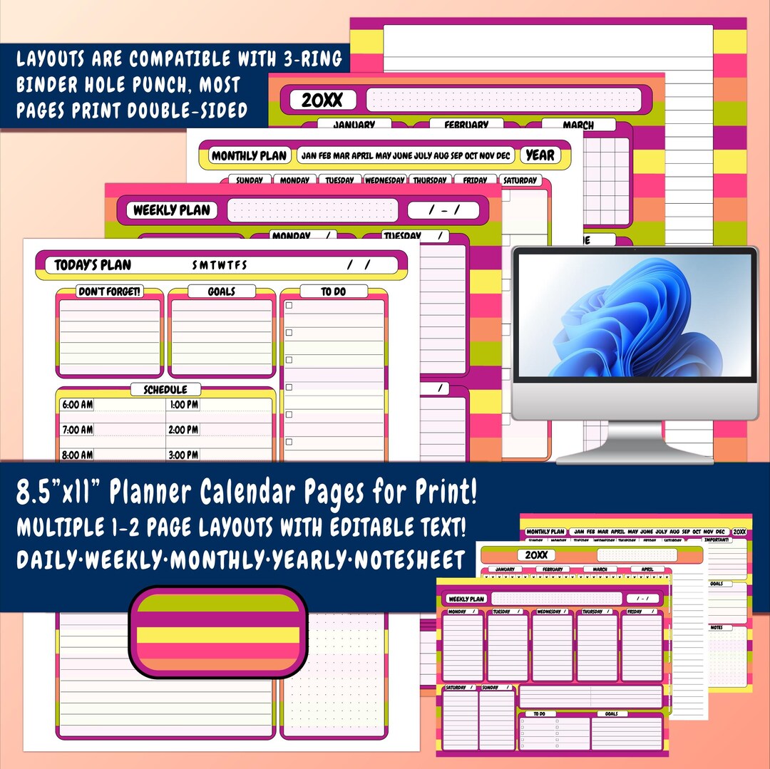 Calendar Pack - Editable Daily | Weekly | Monthly | Yearly | Stripes ...