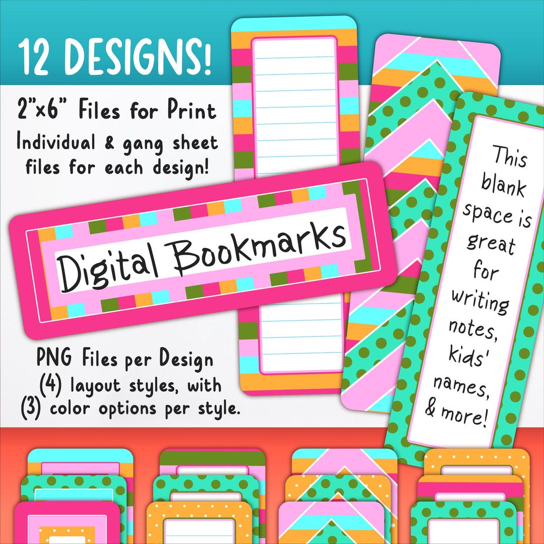 Digital Bookmarks (printable), Clipart Bundle Set of 12 | Lined & Blank ...