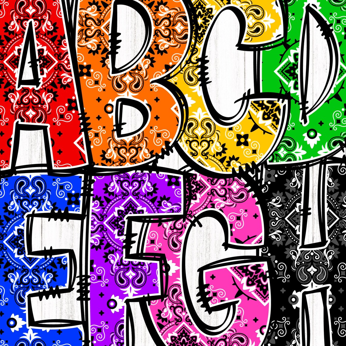 Bandana Doodle Letters Bundle, Bandana Alphabets, Red, Orange, Yellow ...