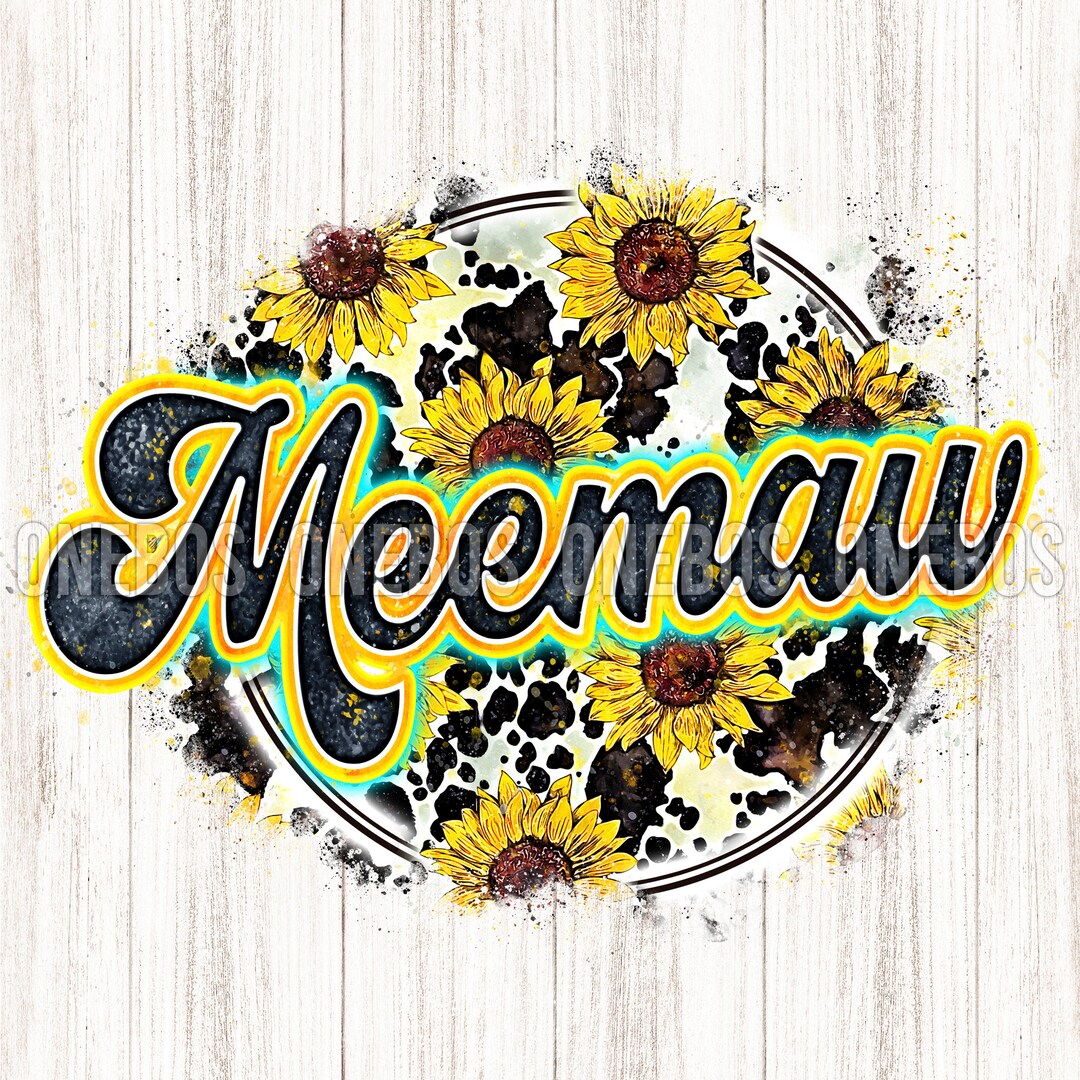 Digital Meemaw PNG Cow Sunflower Print | Retro Letters Watercolor ...