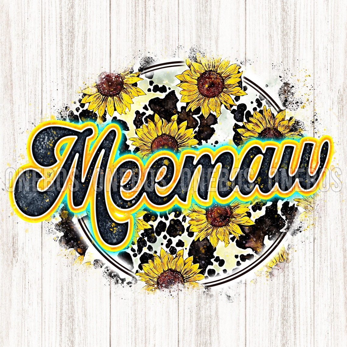 Digital Meemaw PNG Cow Sunflower Print | Retro Letters Watercolor ...