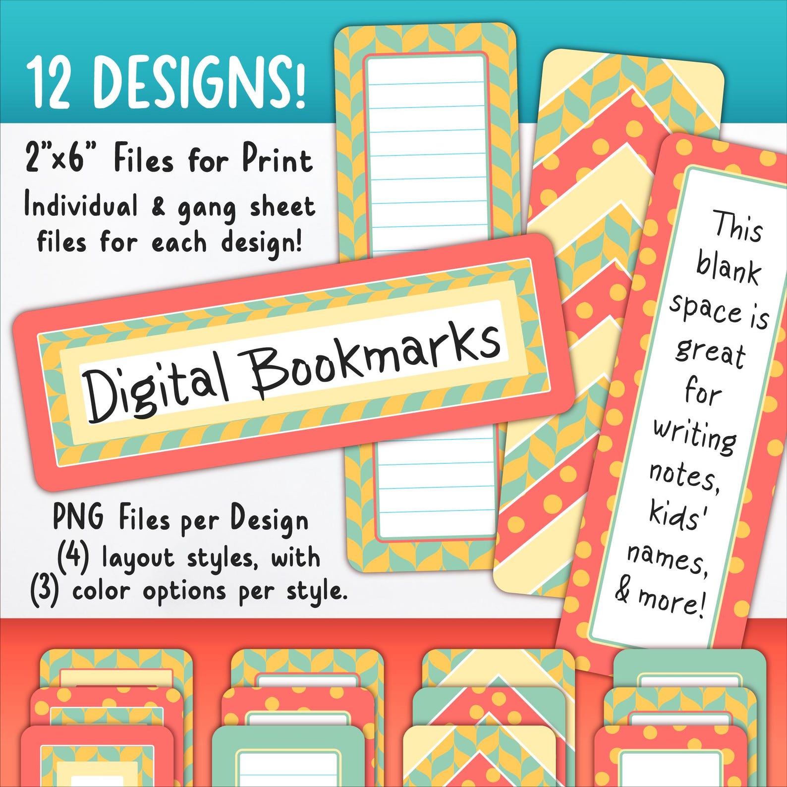 Digital Bookmarks (printable), Clipart Bundle Set of 12 | Lined & Blank ...