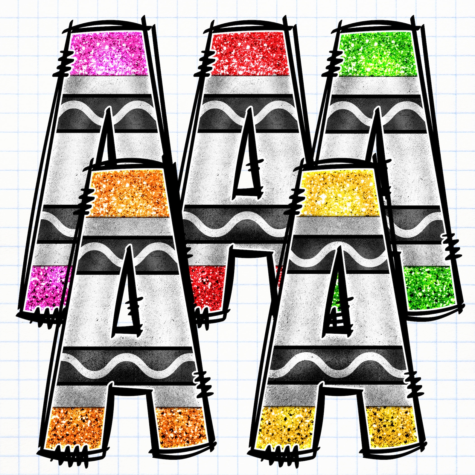 Glitter Crayons Alphabet Bundle, 14 PNG Sets, Rainbow Silver Digital ...