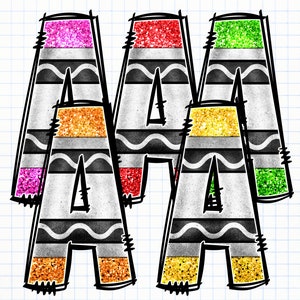 Glitter Crayons Alphabet Bundle, 14 PNG Sets, Rainbow Silver Digital ...