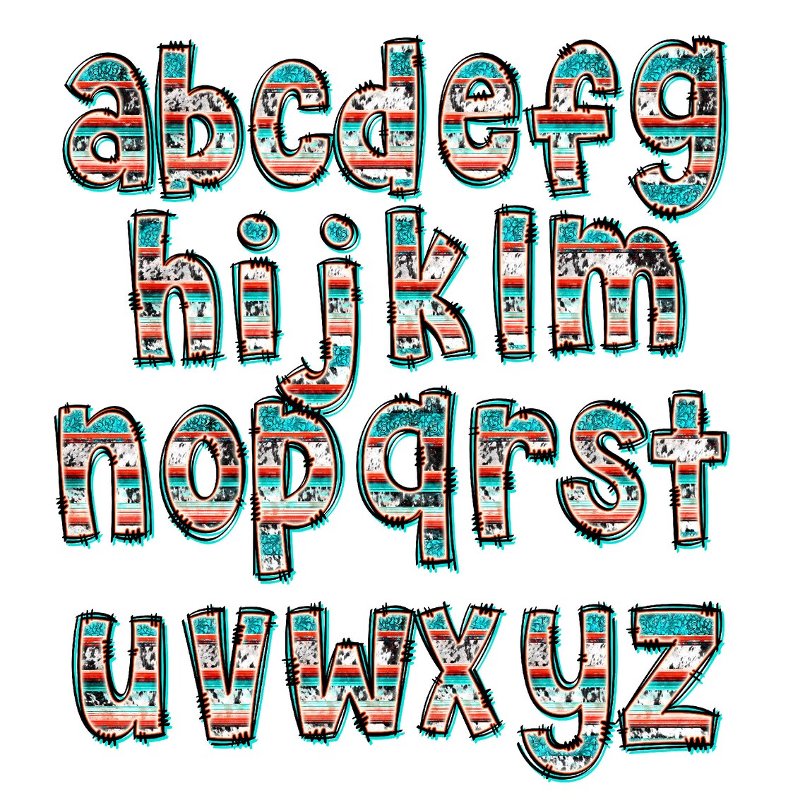 Turquoise Cow Serape Alphabet, Uppercase Lowercase and Numbers, Doodle ...