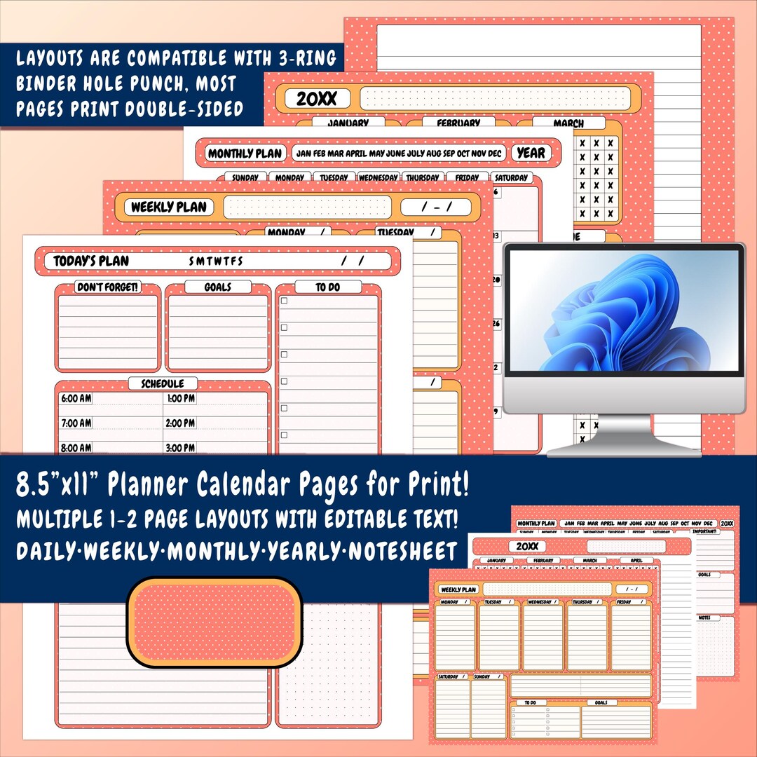 Calendar Pack - Editable Daily | Weekly | Monthly | Yearly | Mini Polka ...