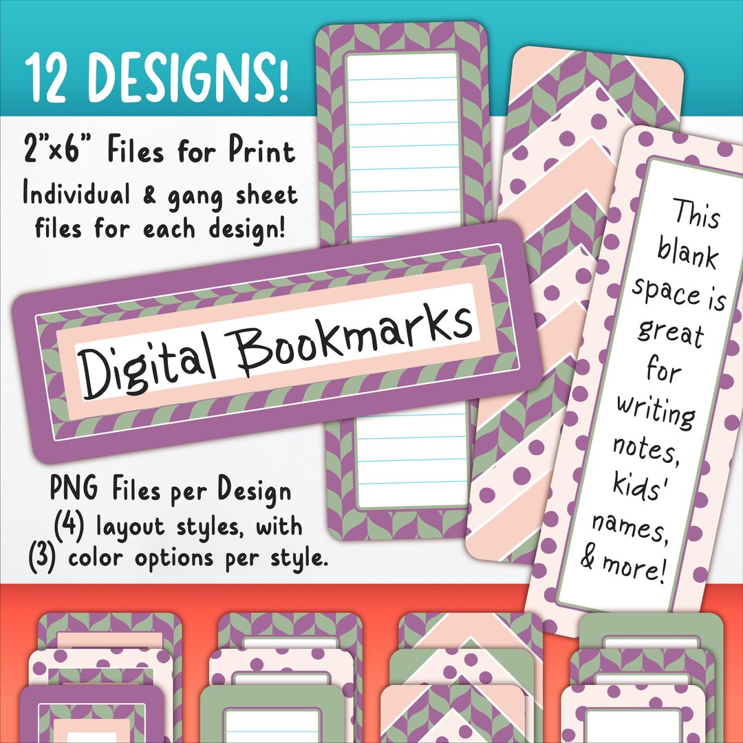Digital Bookmarks (printable), Clipart Bundle Set of 12 | Lined & Blank ...