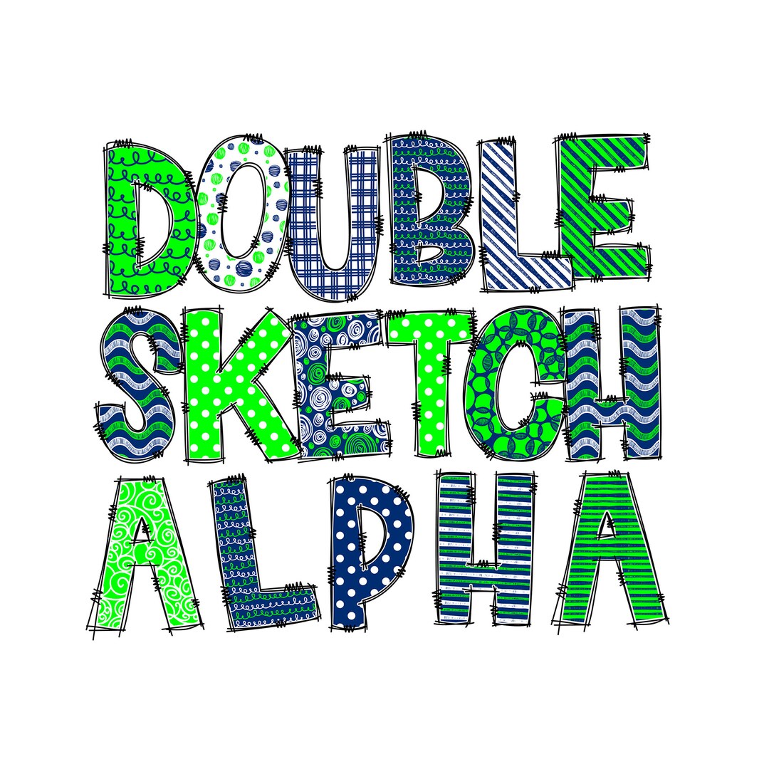 Alphabet Doodle Clipart, Neon Green, Navy, White Sketch Pattern Doodle ...