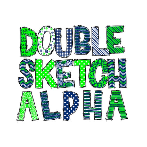 Alphabet Doodle Clipart Neon Green Navy White Sketch - Etsy