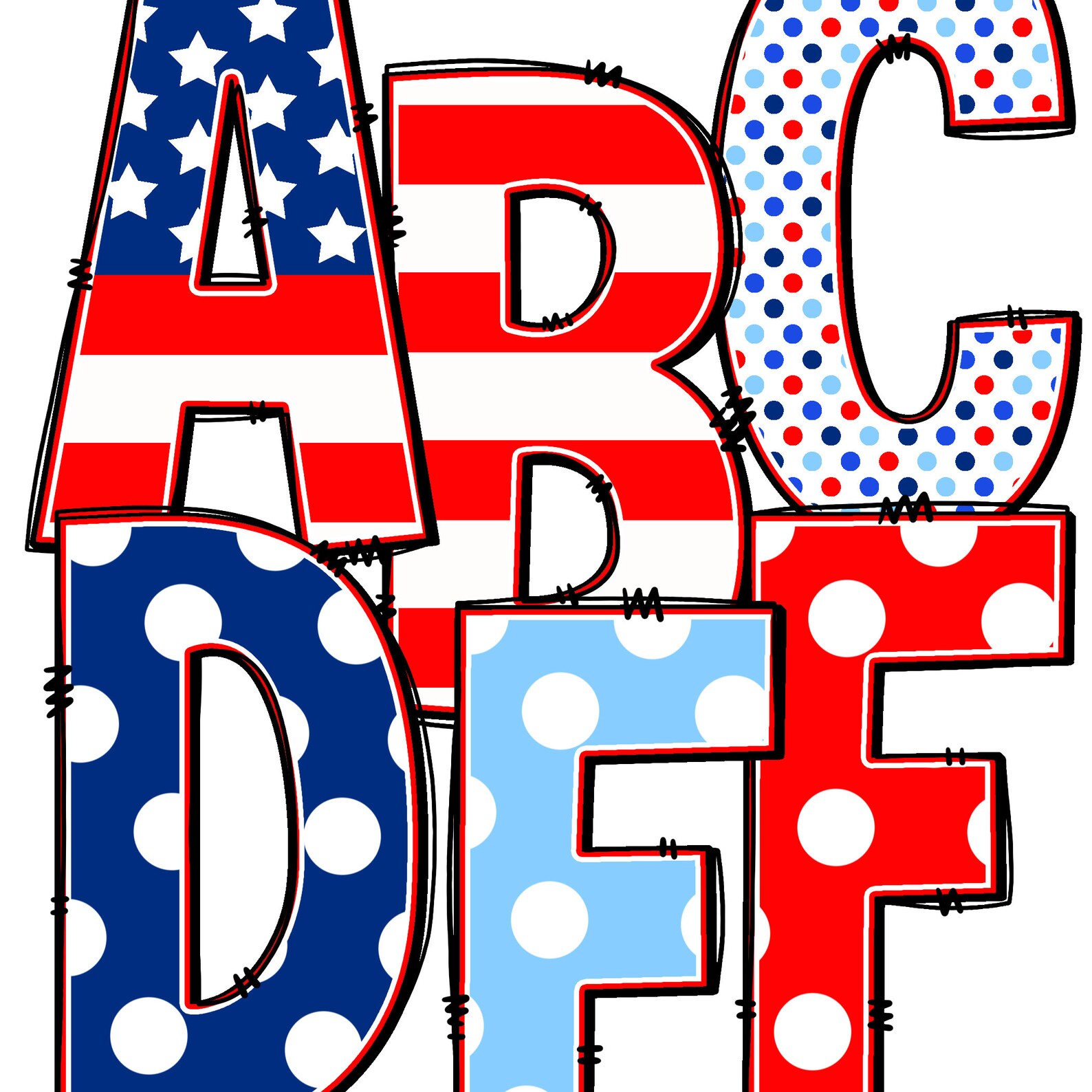 July 4th Doodle Alphabet Bundle, 18 Pack, Full Alphabets, Red White ...