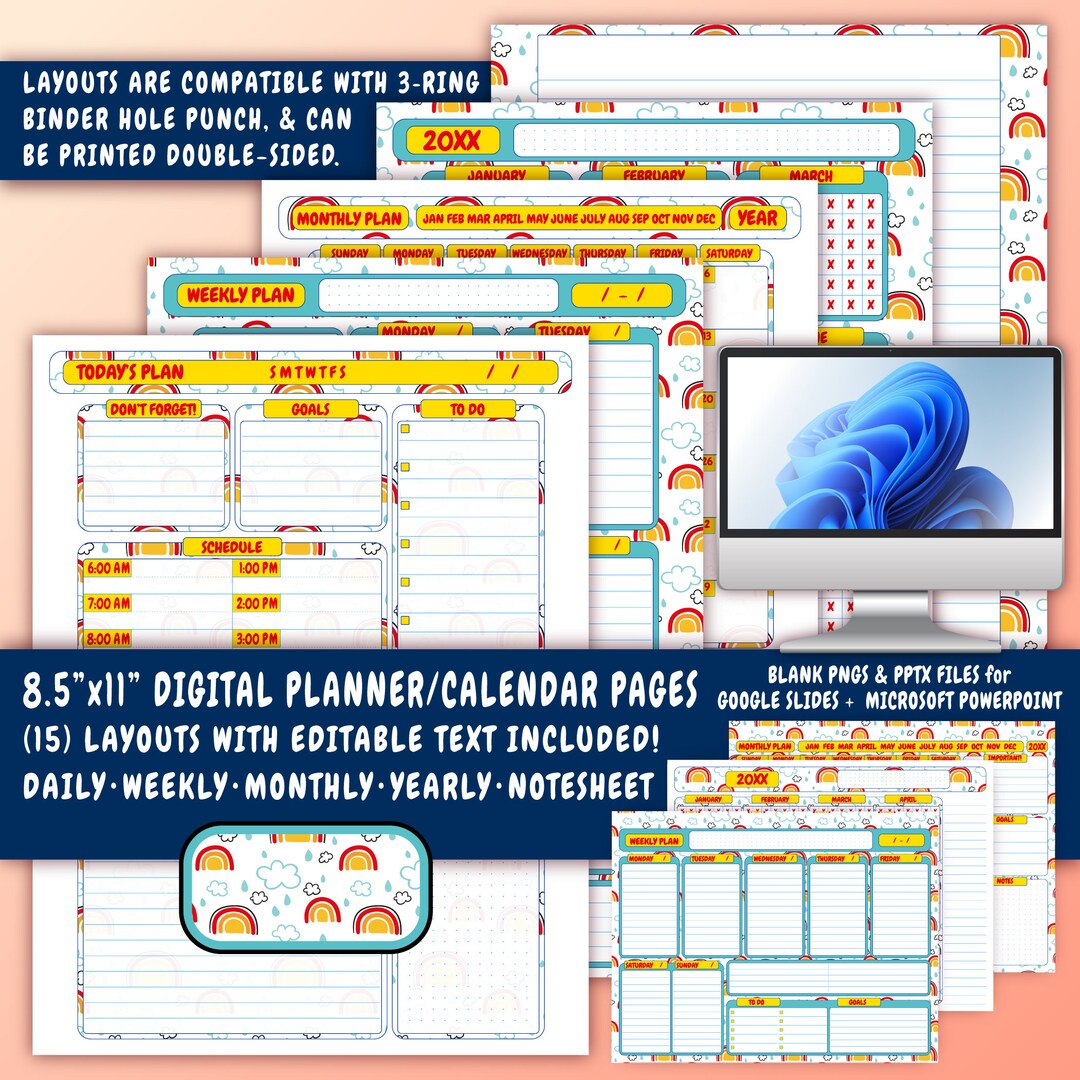 Calendar Pack - Editable Daily | Weekly | Monthly | Yearly | Rainbows ...