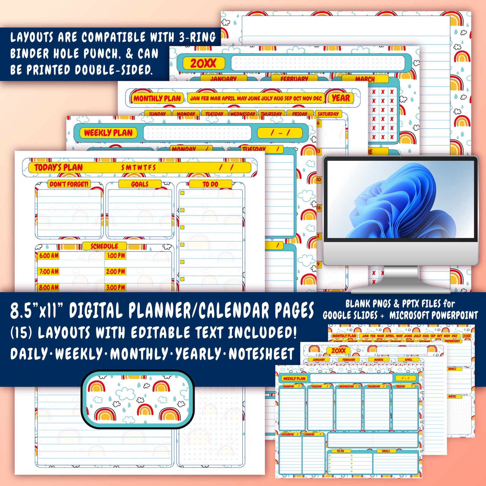 Calendar Pack - Editable Daily | Weekly | Monthly | Yearly | Rainbows ...