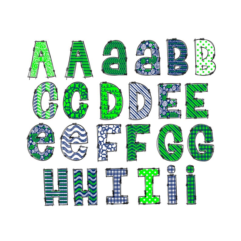 Alphabet Doodle Clipart, Neon Green, Navy, White Sketch Pattern Doodle ...