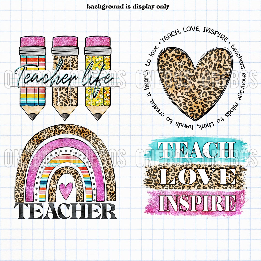 Teacher PNG Bundle Set, Teach Love Inspire Clipart With Watercolor ...