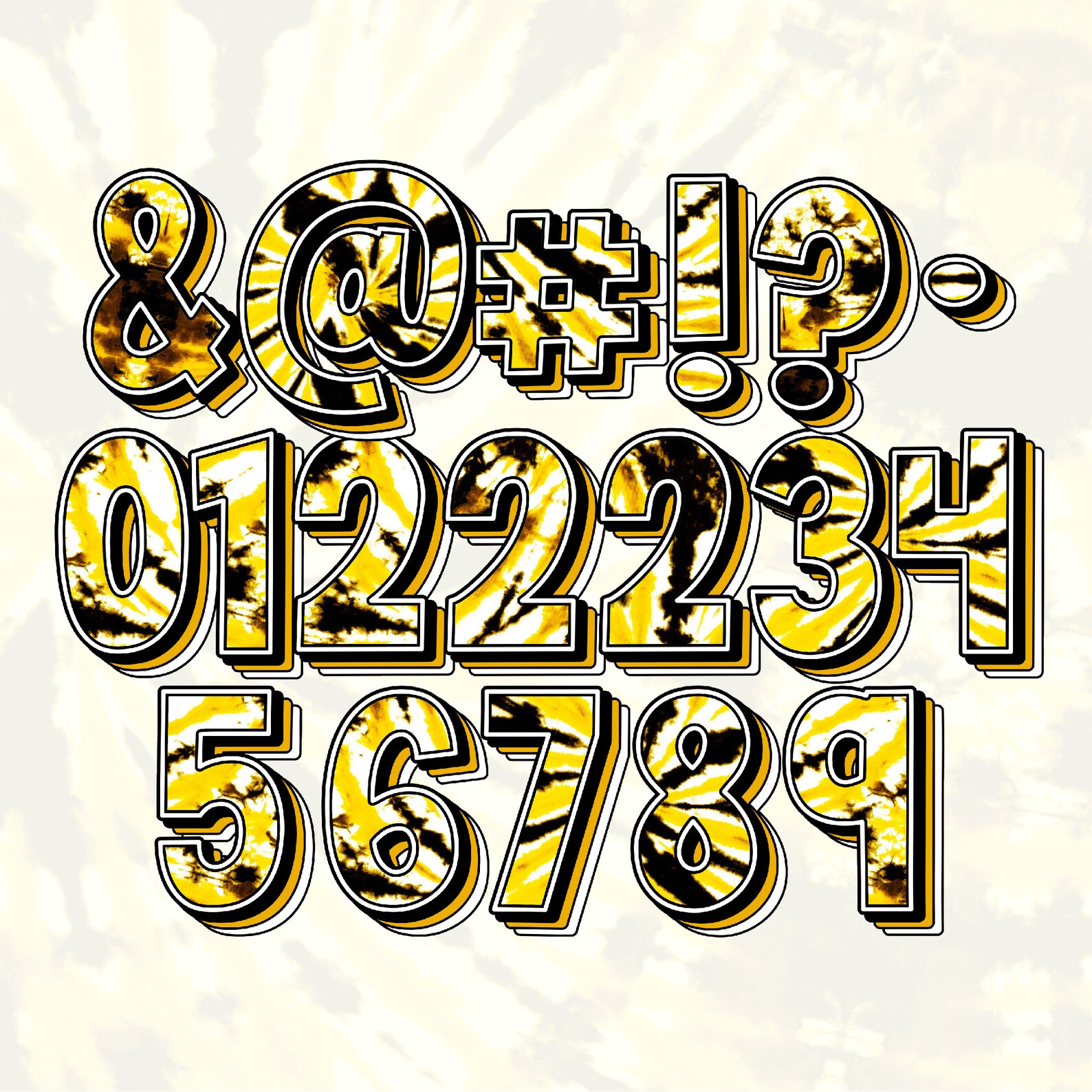Tiedye Alphabet PNG, Black White & Yellow Gold Shadow Letters ...