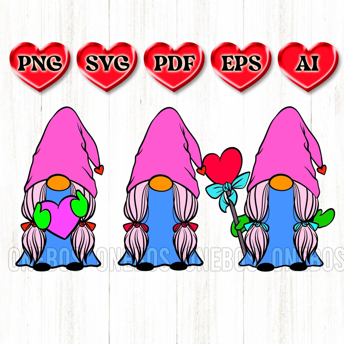 Girl Gnome SVG Detailed Trio of Valentine's Gnomes PNG - Etsy