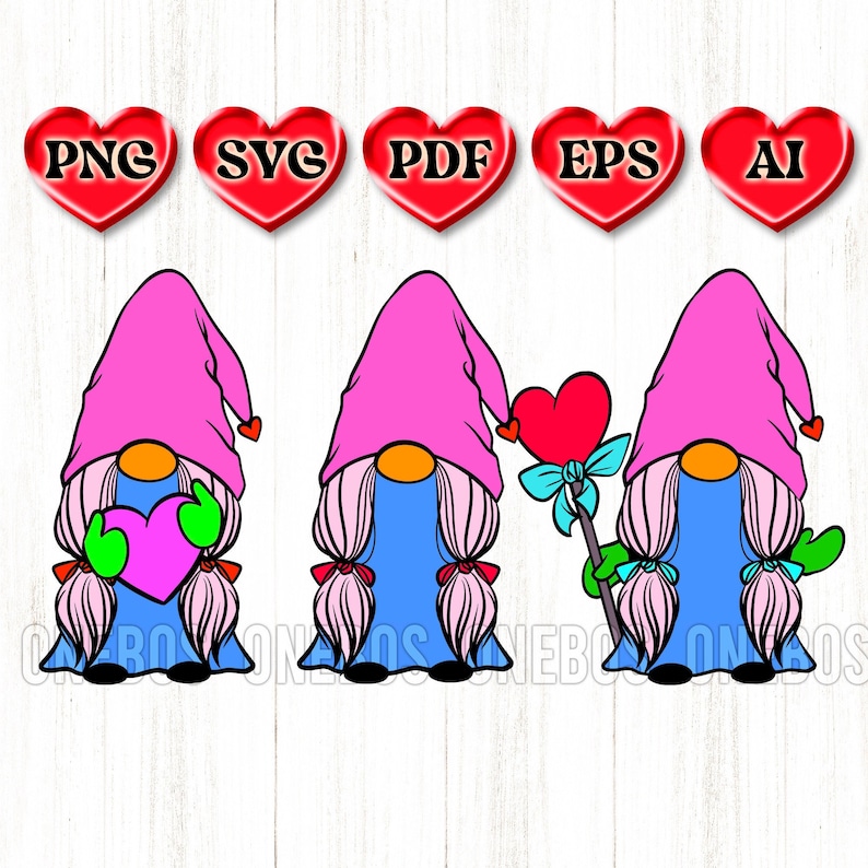 Girl Gnome SVG Detailed Trio of Valentine's Gnomes PNG - Etsy