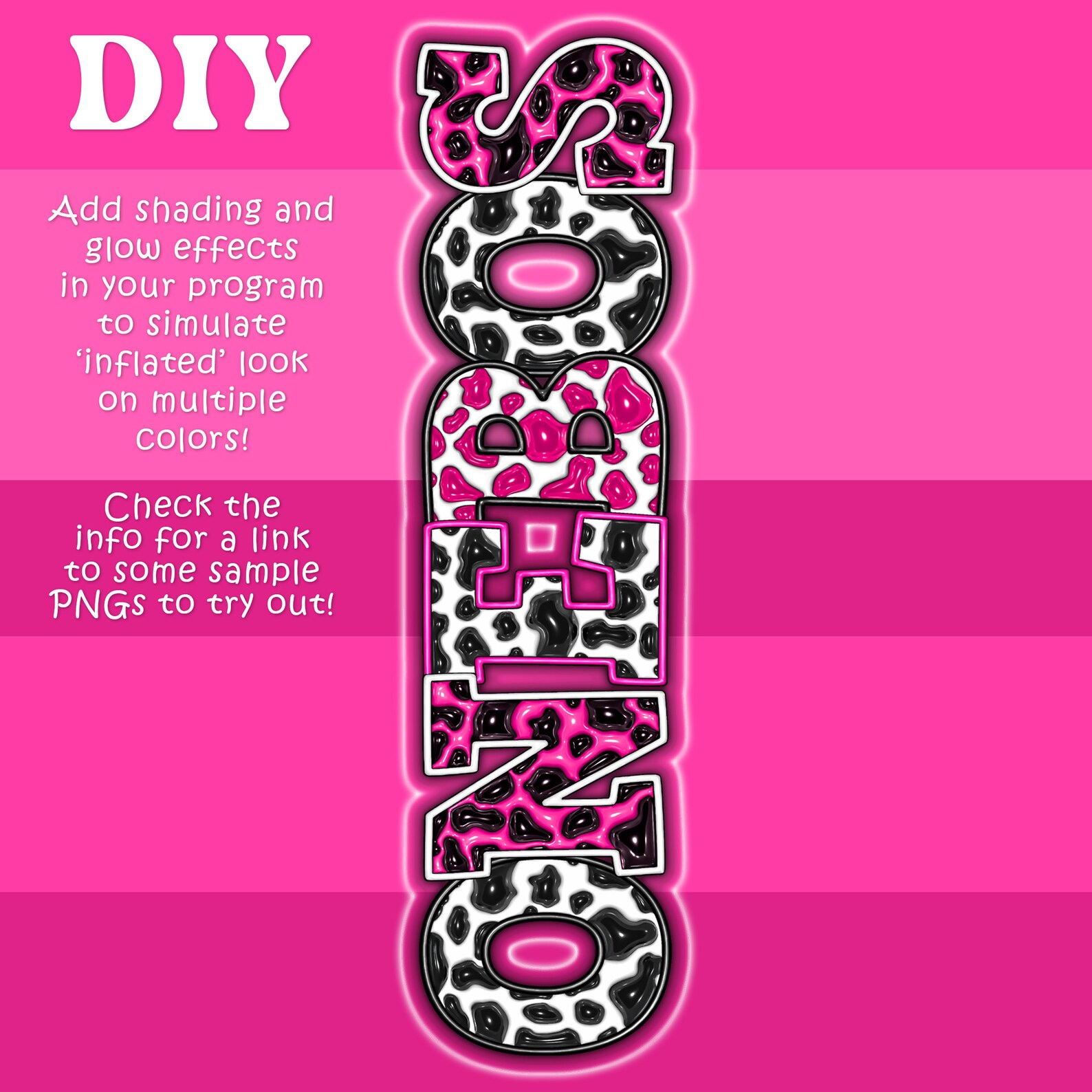 Inflated Cow Print Alphabets PNG Bundle, 4 Pack of 3D Puff Inflated ...