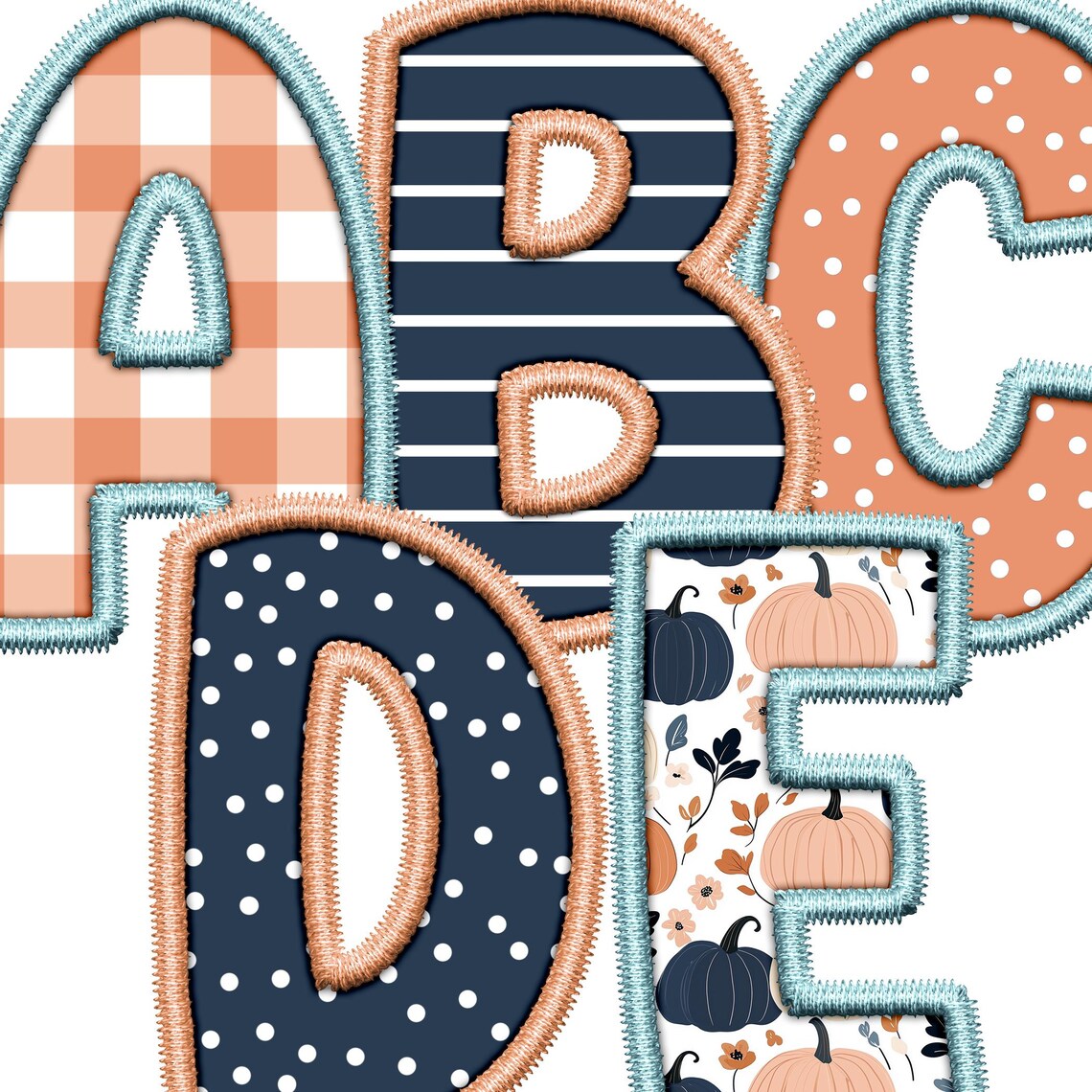 Boho Fall Alphabet, Beige Teal Navy White, Polka Dot, Floral Pumpkin ...