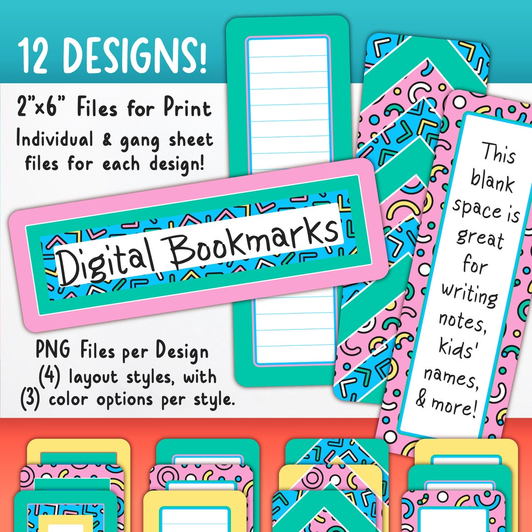 Digital Bookmark Printables, Clipart Bundle Set of 12 | Lined & Blank ...