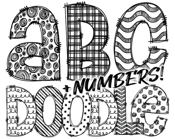 Doodle Alphabet PNG: Black and White Outlined Letters (digital Download ...