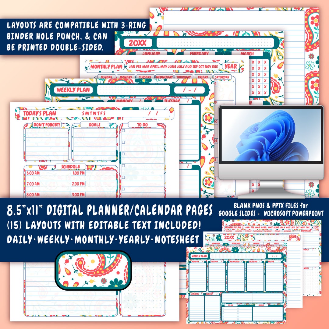 Calendar Pack - Editable Daily | Weekly | Monthly | Yearly | Paisley ...