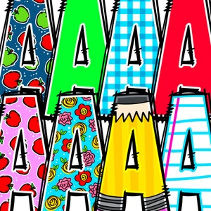 Back to School PNG Alphabet Bundle, 8 Sets, Floral Apple Pencil Note ...