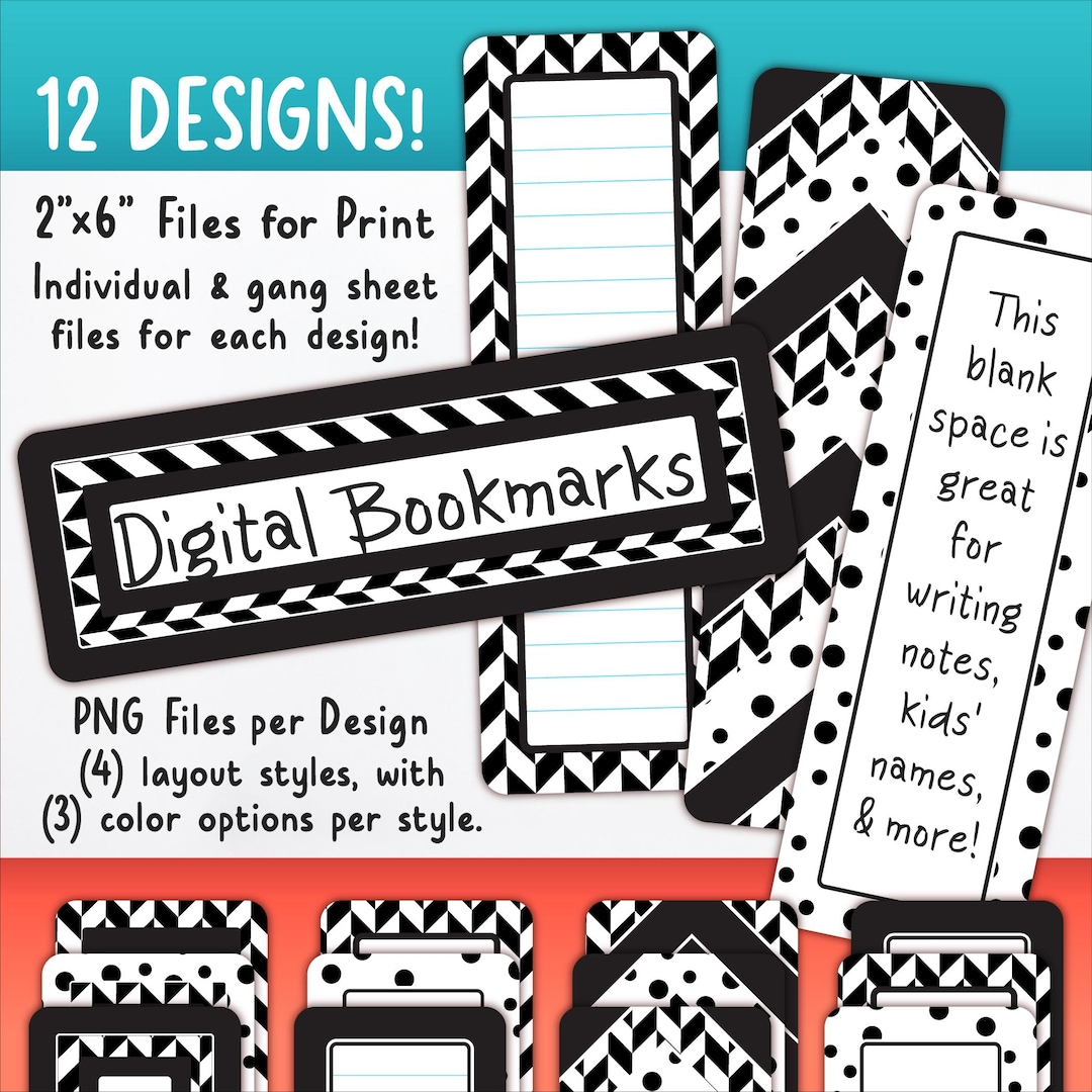 Digital Bookmarks (printable), Clipart Bundle Set of 12 | Lined & Blank ...
