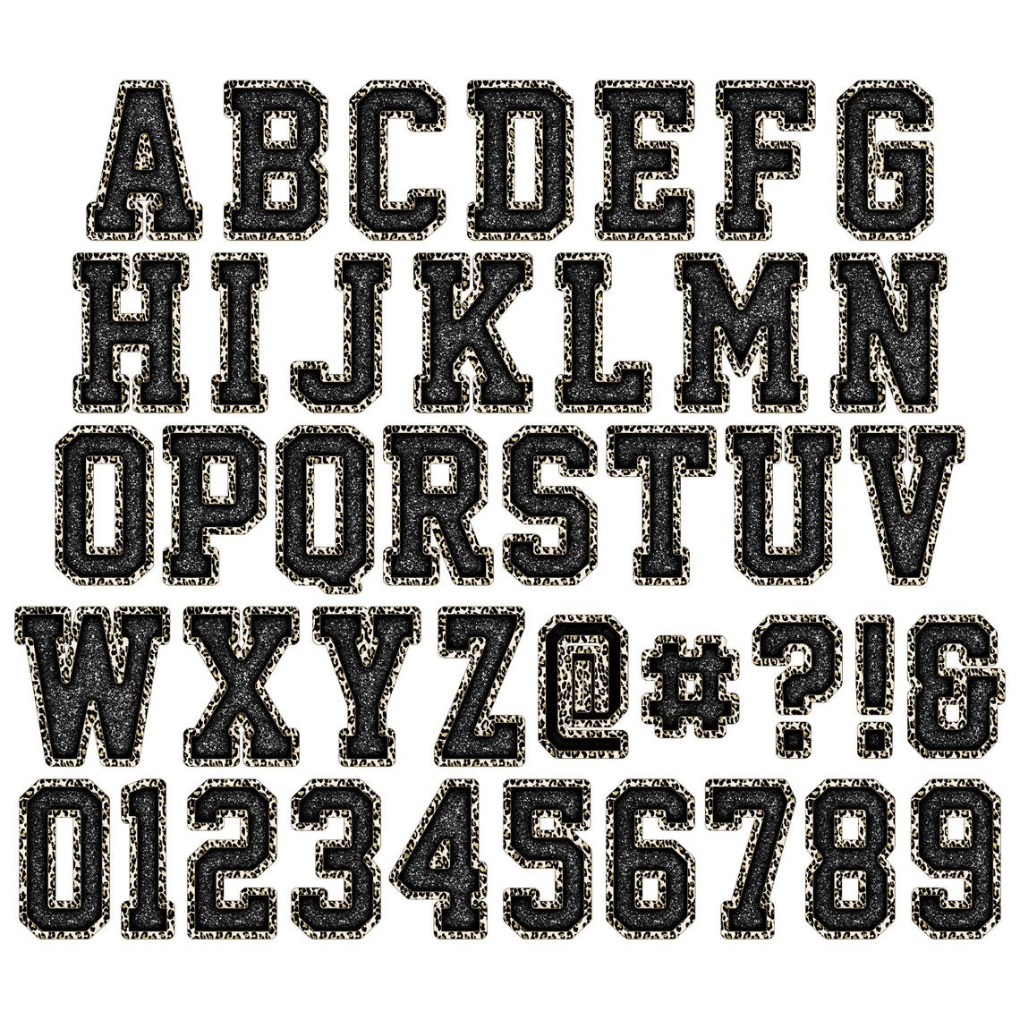 Leopard Black Glitter Alphabet, Varsity Athletic Block Letters, PNG ...