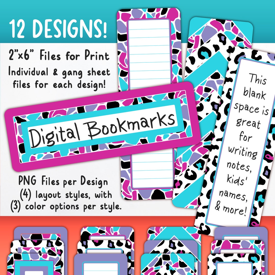 Digital Bookmark Printables, Clipart Bundle Set of 12, Purple and Teal ...