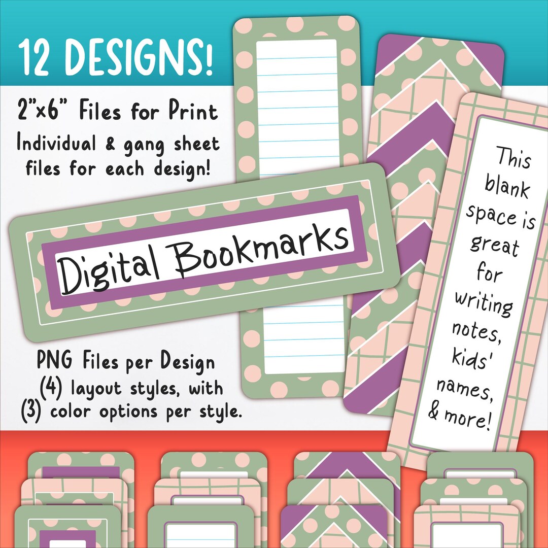 Digital Bookmarks (printable), Clipart Bundle Set of 12 | Lined & Blank ...