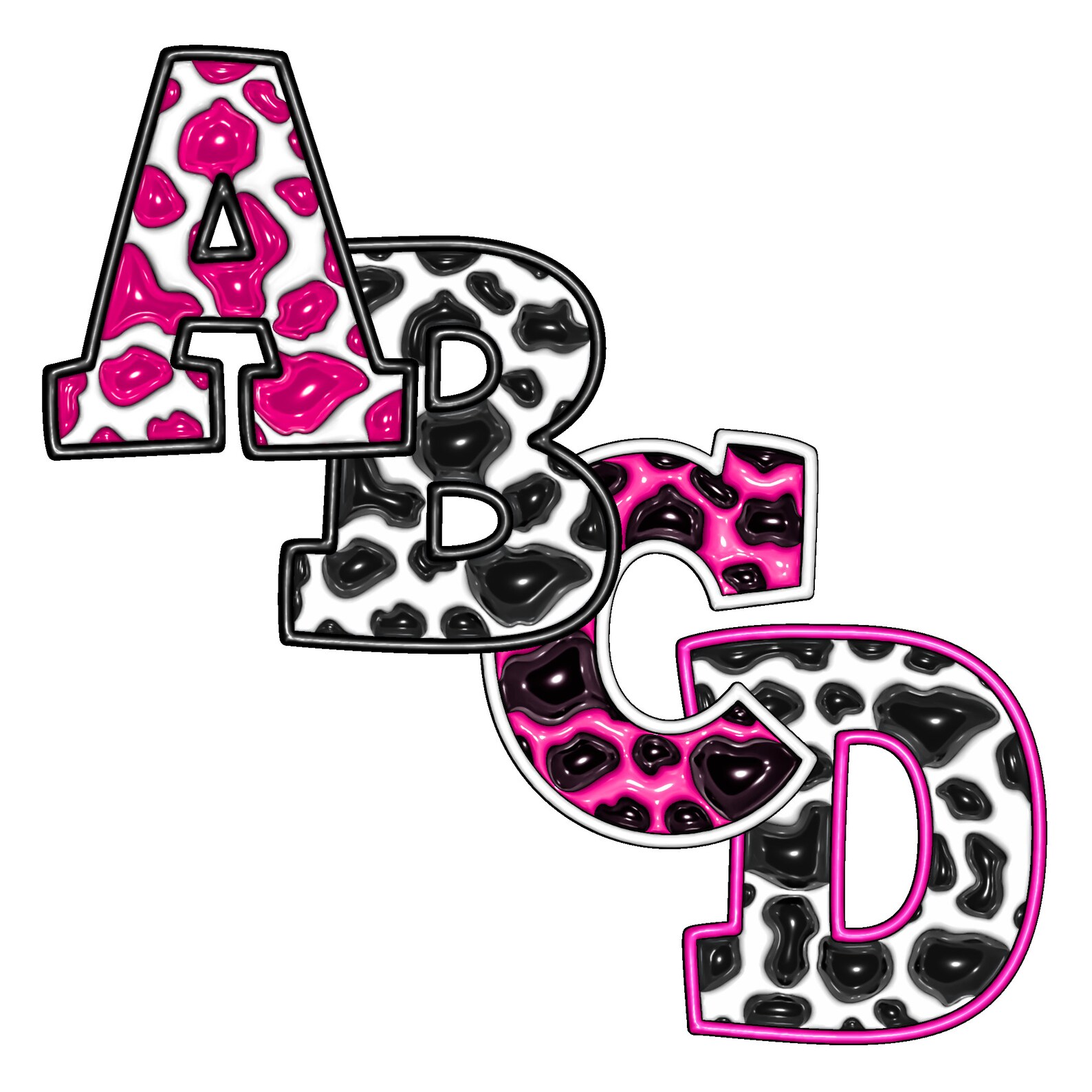 Inflated Cow Print Alphabets PNG Bundle, 4 Pack of 3D Puff Inflated ...