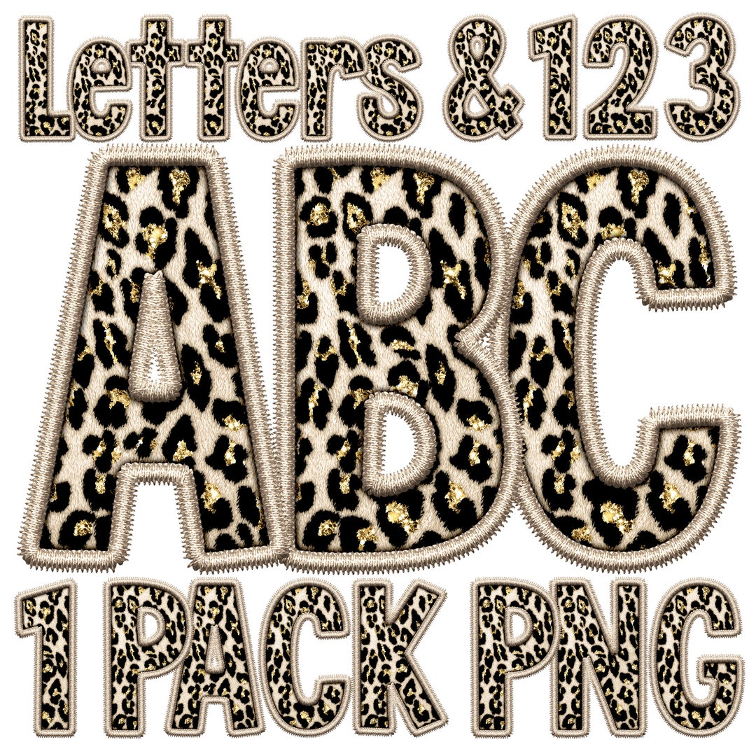 Digital Leopard PNG Alphabet, Faux Embroidery Beige Gold Boho Stitch ...