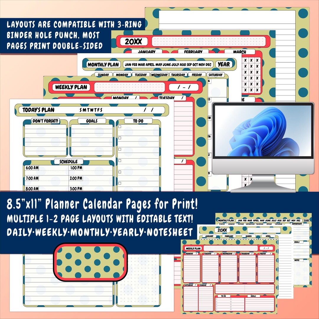 Calendar Pack - Editable Daily | Weekly | Monthly | Yearly | Polka Dots ...