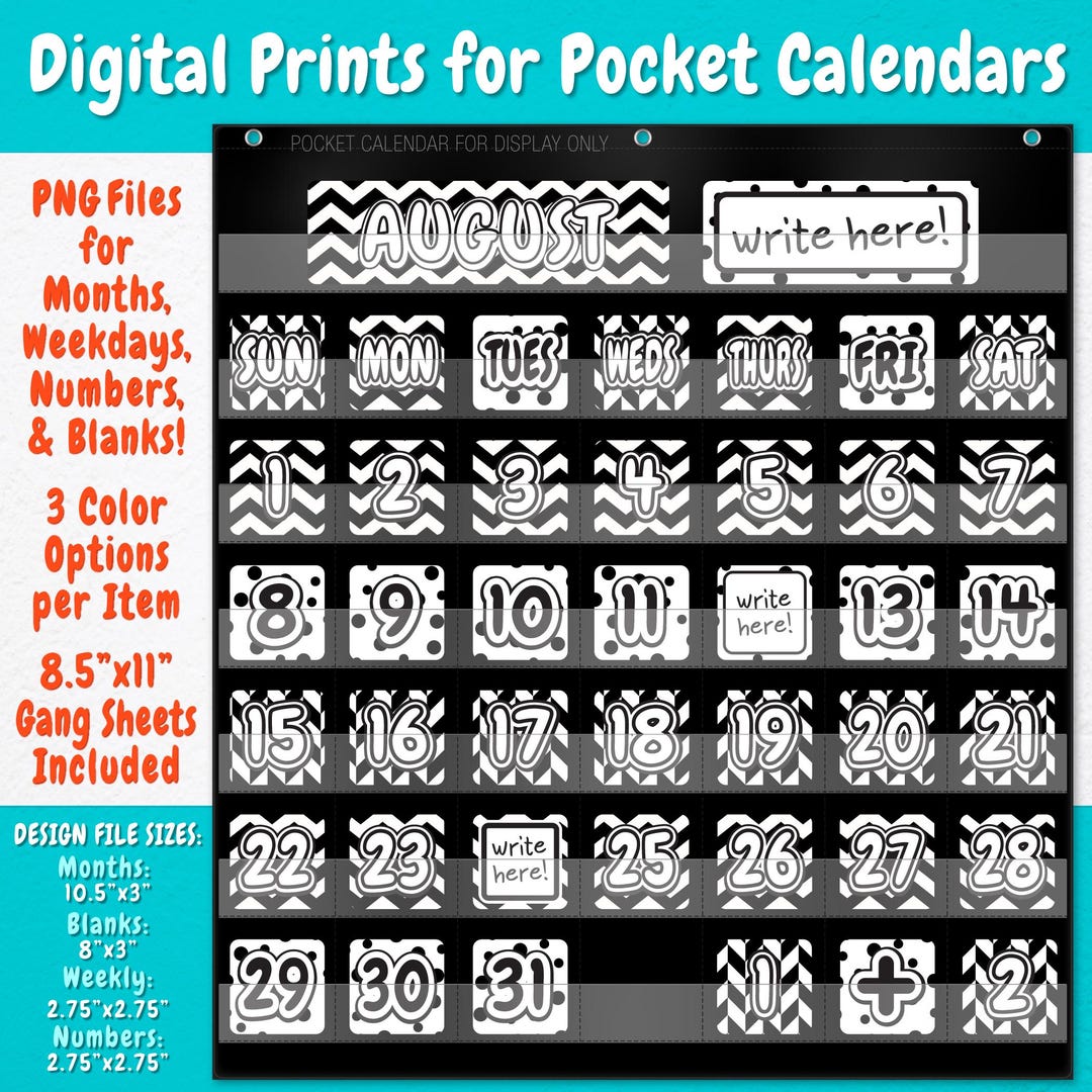 Wall Calendar - Pocket Chart for Teachers | Black, White, Ink Saver ...