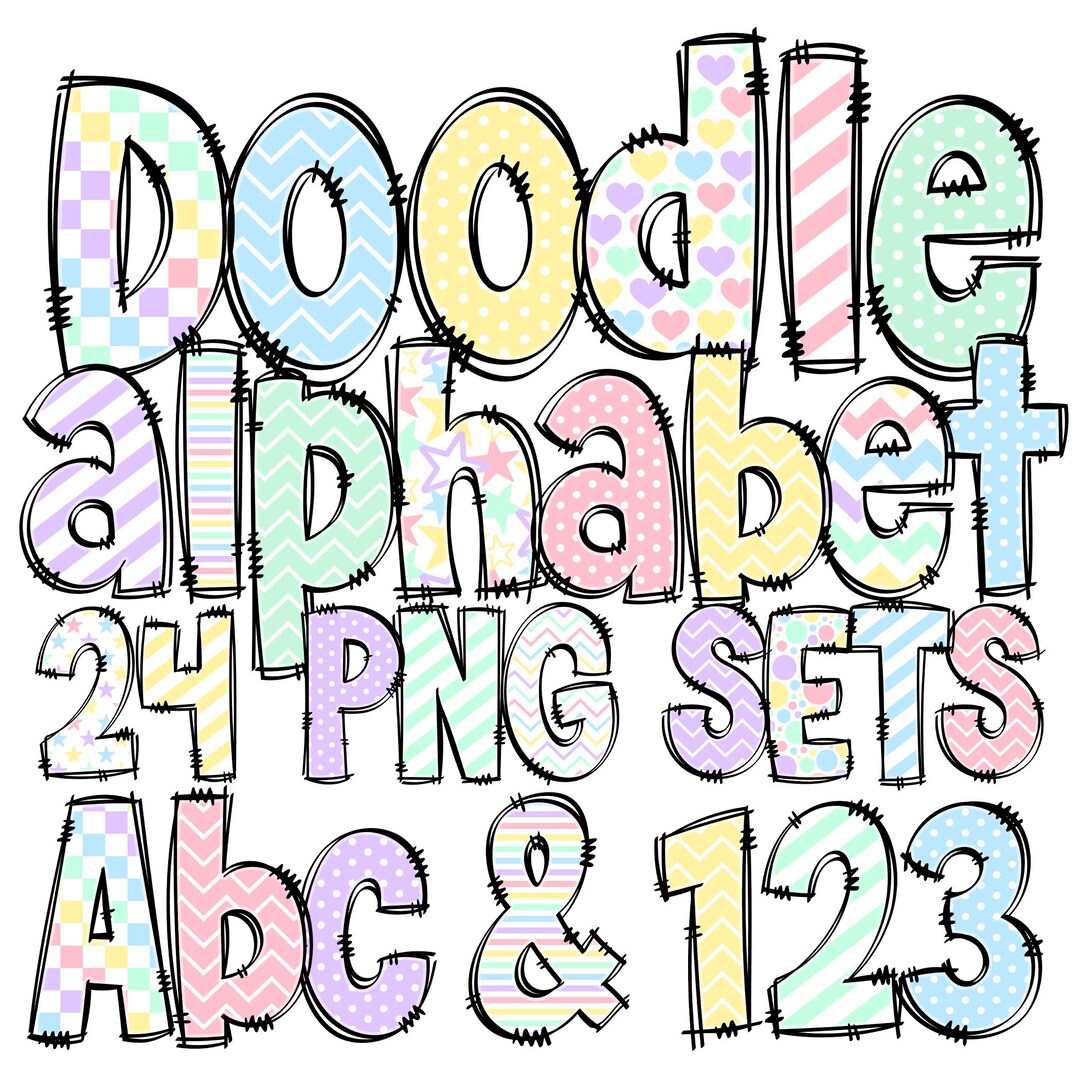 Pastel Doodle Alphabet Bundle, 24 PNG Full Alphabet Sets, Uppercase ...