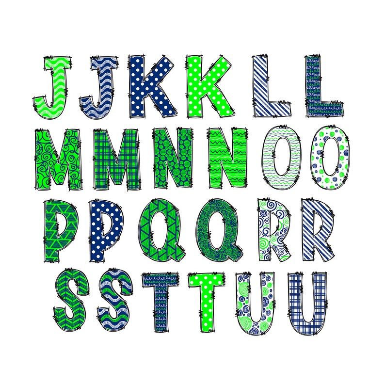 Alphabet Doodle Clipart, Neon Green, Navy, White Sketch Pattern Doodle ...