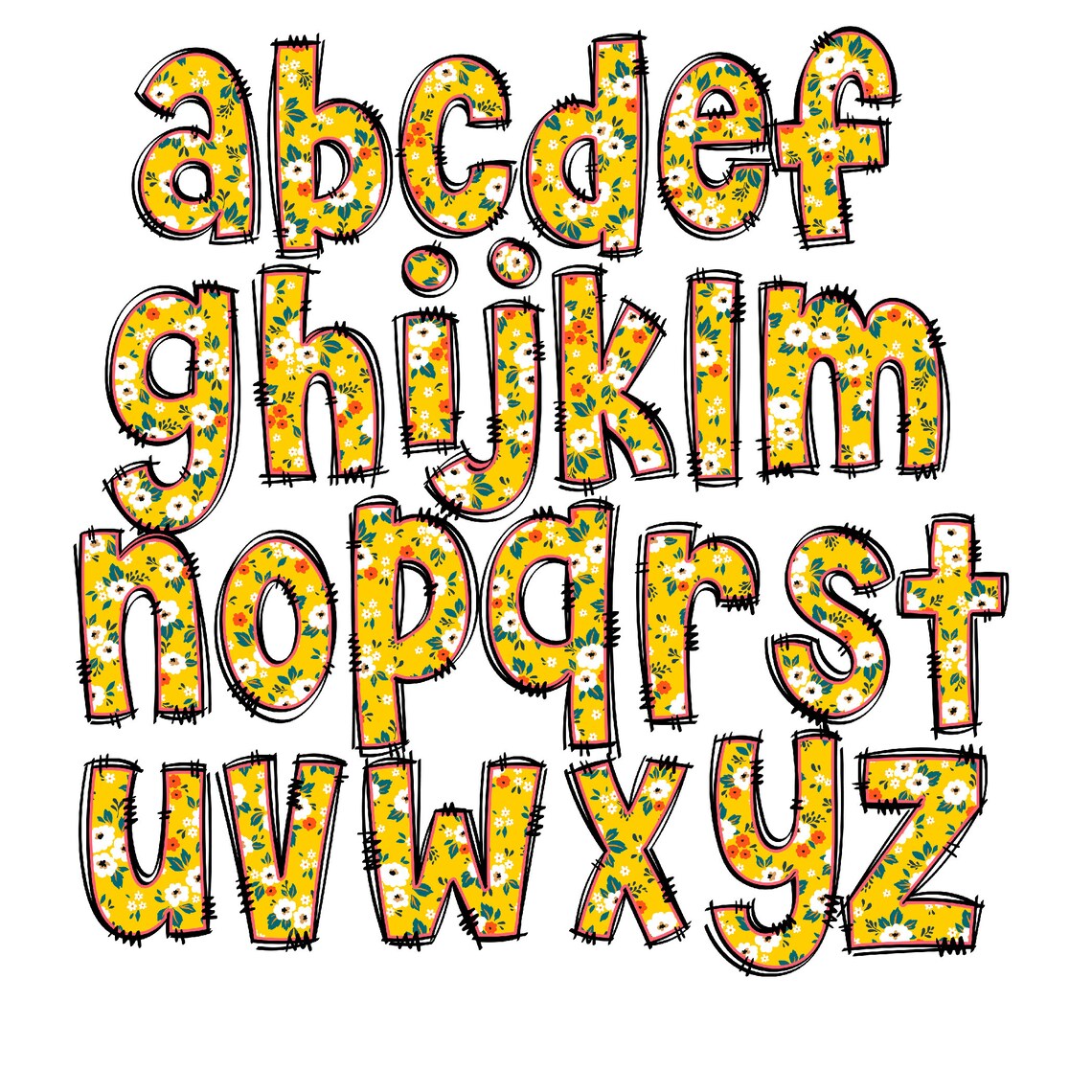 PNG Bundle Alphabet Doodle Alpha Sets With Floral Pattern - Etsy