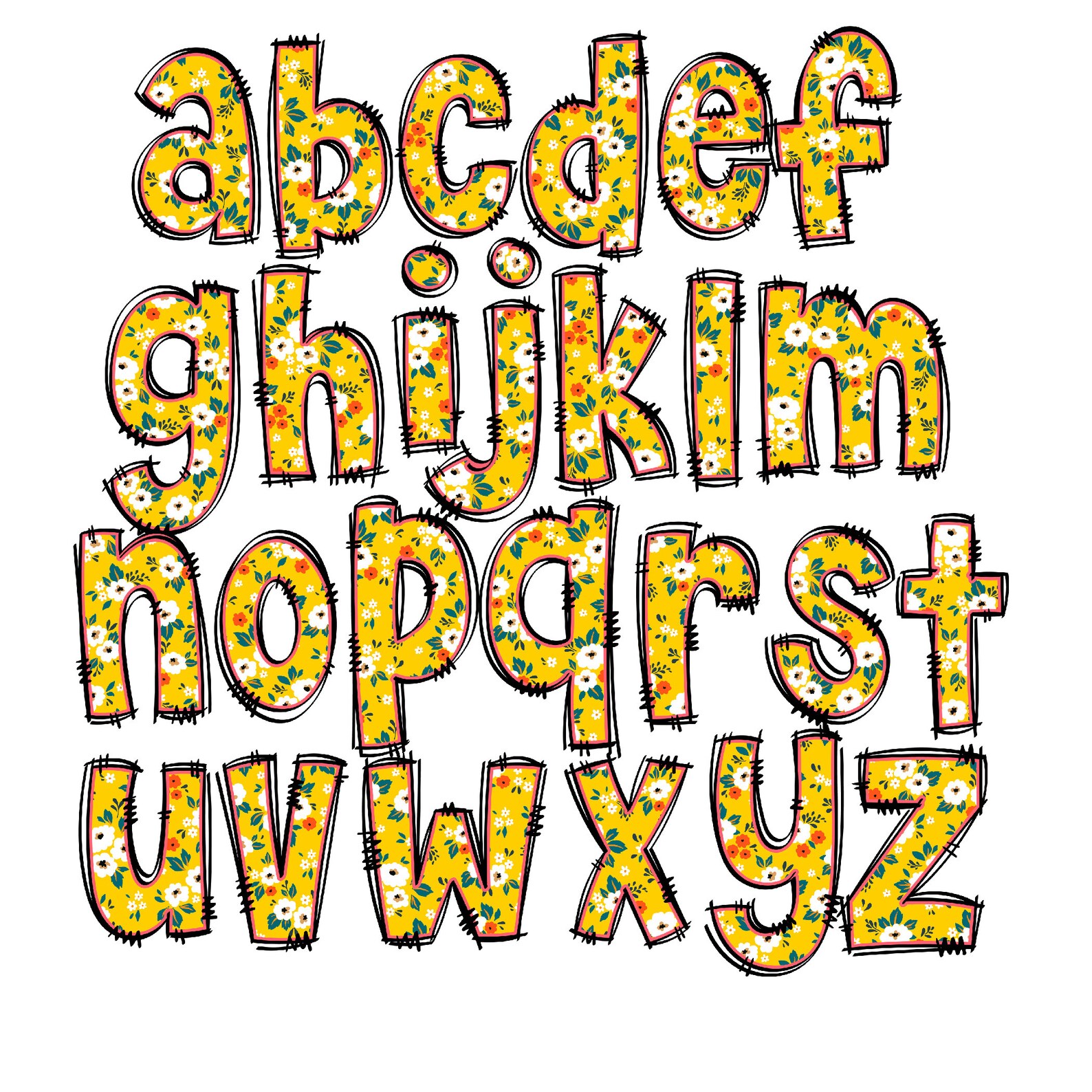 PNG Bundle Alphabet, Doodle Alpha Sets With Floral Pattern Fills, Plaid ...