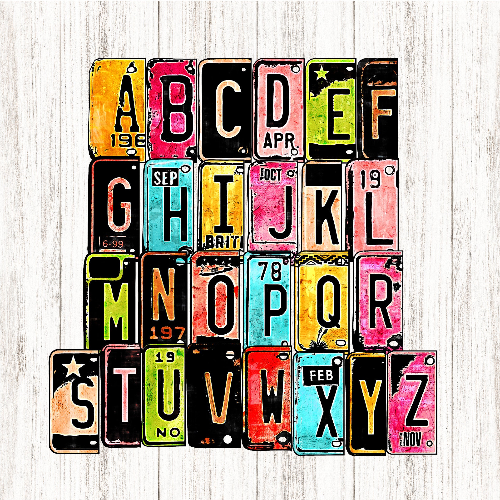 License Plate Alphabet, Fall Boho Color Mix Match Alpha, Grunge Clipart ...