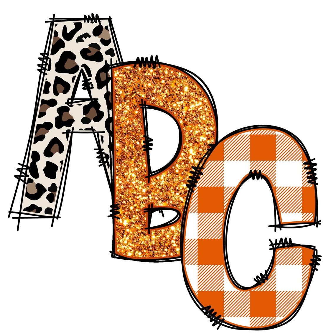 Fall PNG Doodle Alphabet Pack, 6 Sets, Leopard Print, Gingham Plaid ...