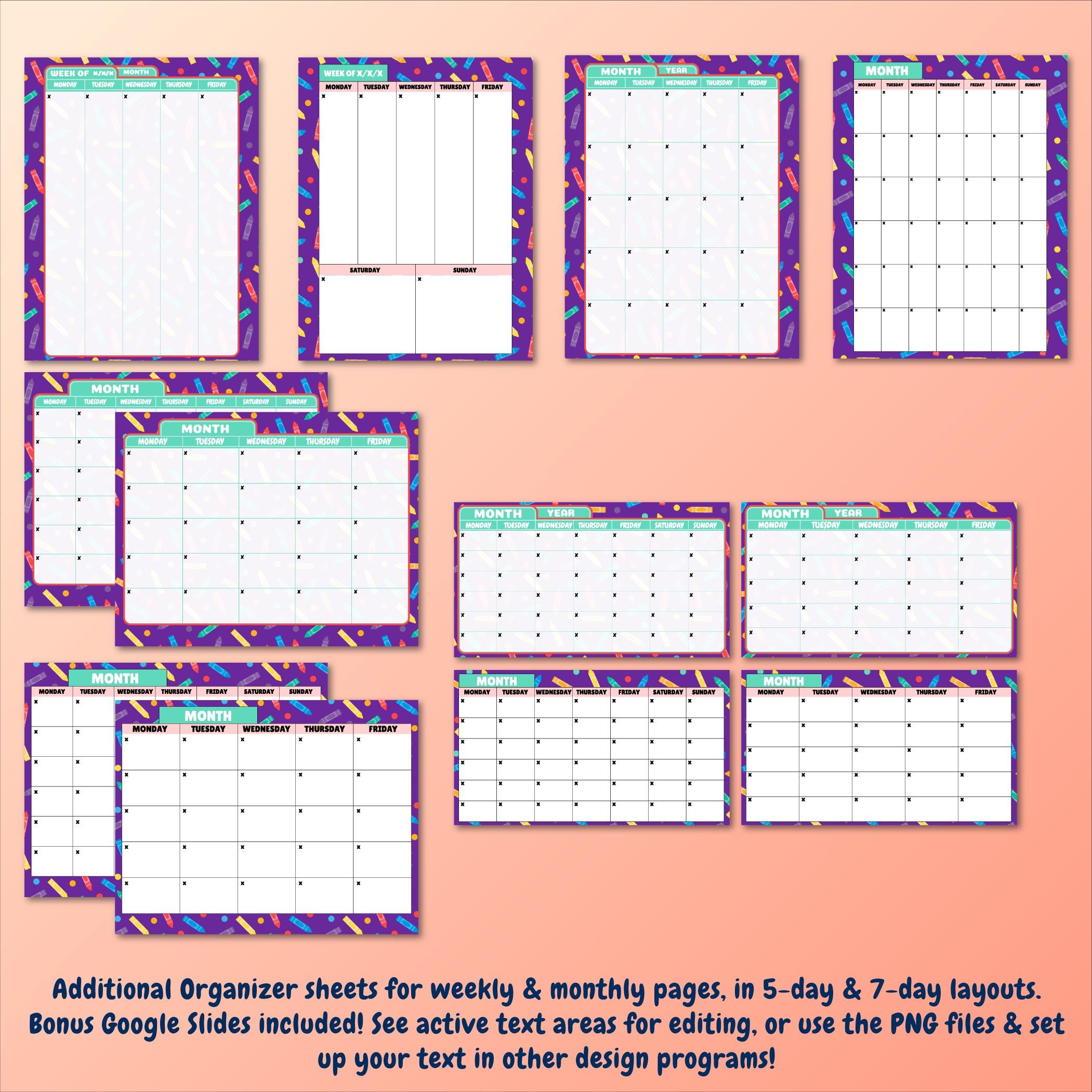 Calendar Pack - Editable Daily | Weekly | Monthly | Yearly | Crayons ...