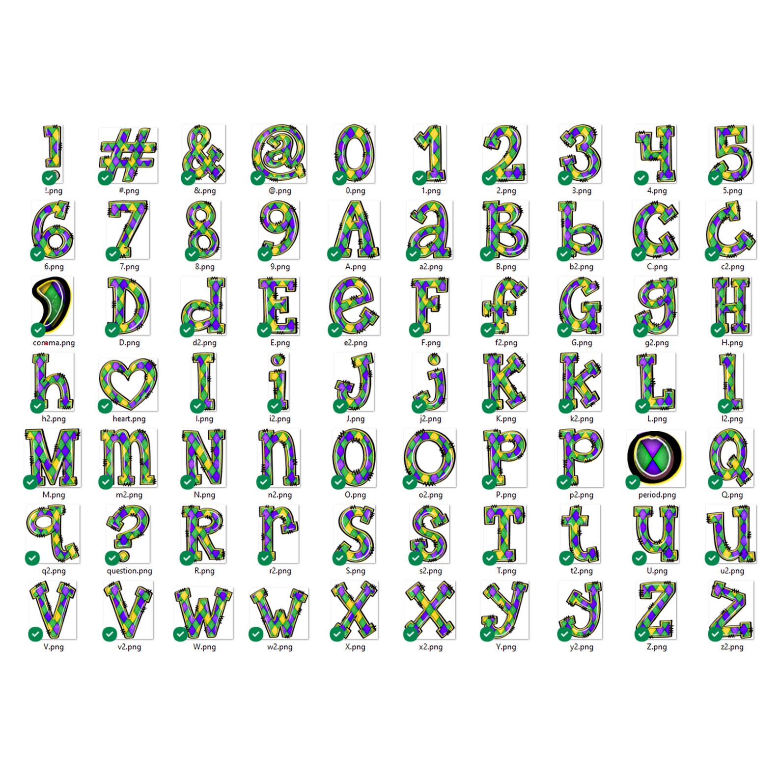 Mardi Party PNG Alphabet Bundle, 3 Full Doodle Hand Drawn Alpha Sets ...