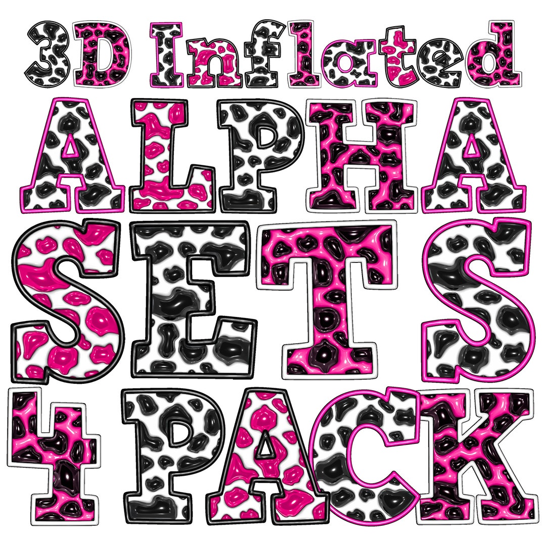 Inflated Cow Print Alphabets PNG Bundle, 4 Pack of 3D Puff Inflated ...
