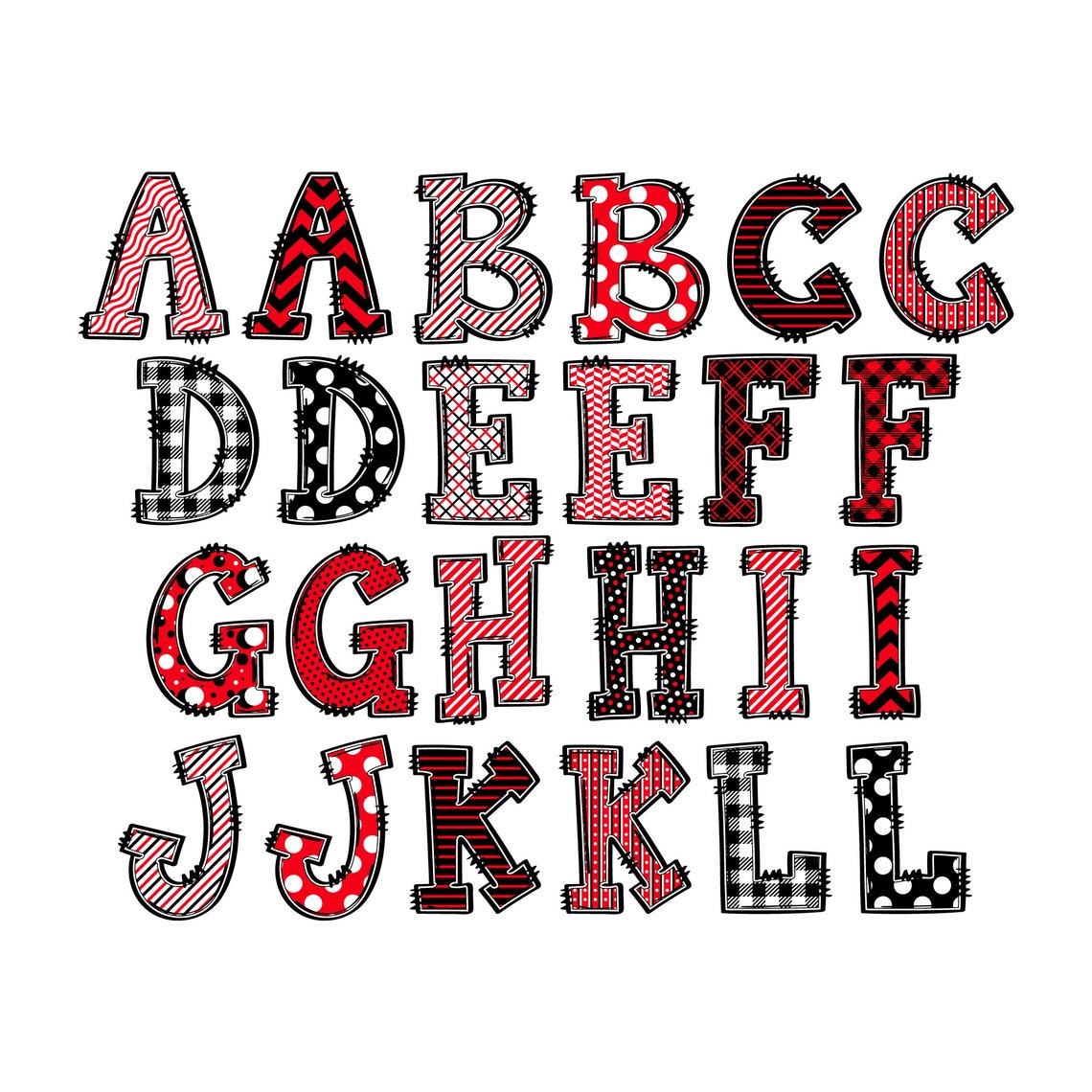 Doodle Red Black PNG Alphabet Bundle, Double Sets of Uppercase ...