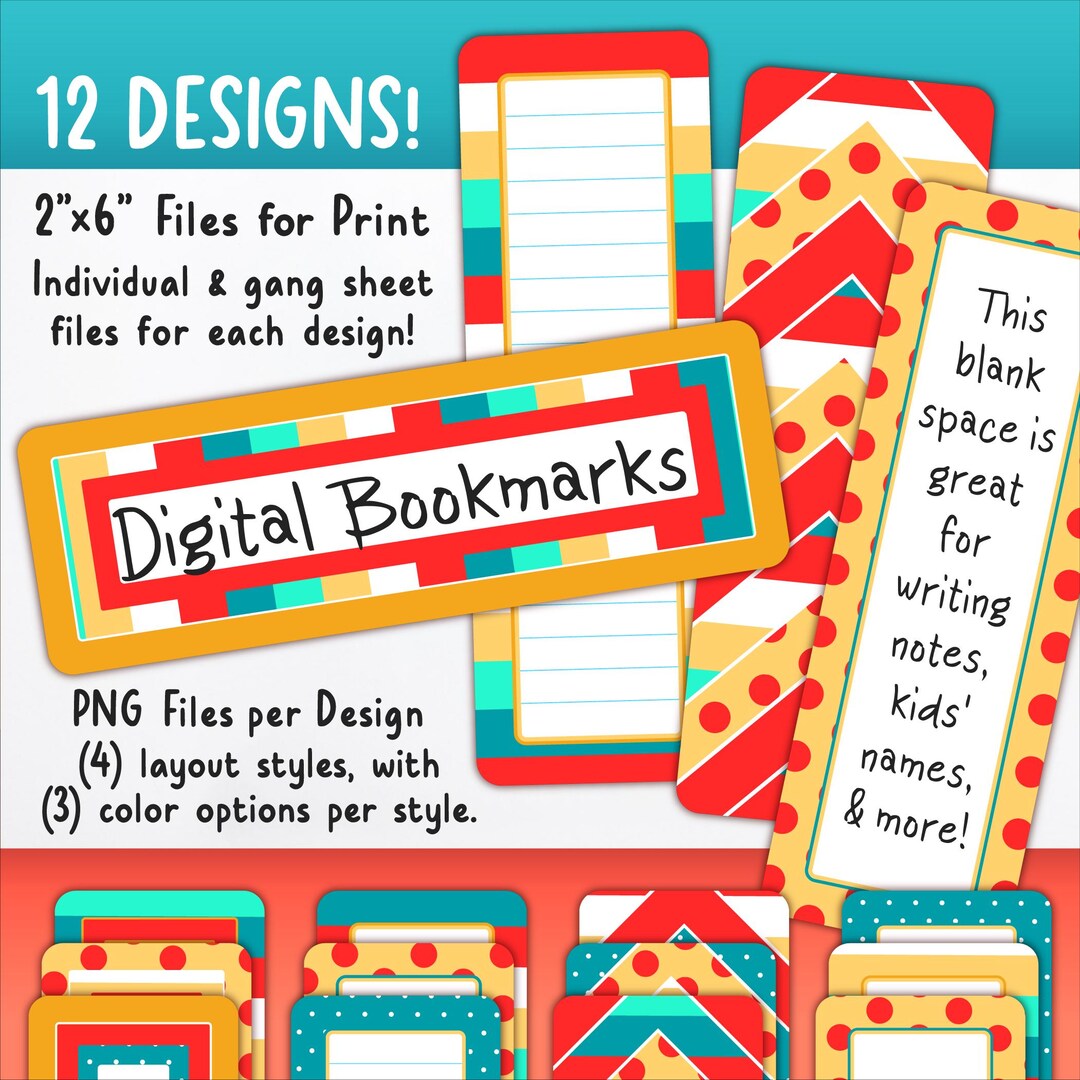 Digital Bookmarks (printable), Clipart Bundle Set of 12 | Lined & Blank ...