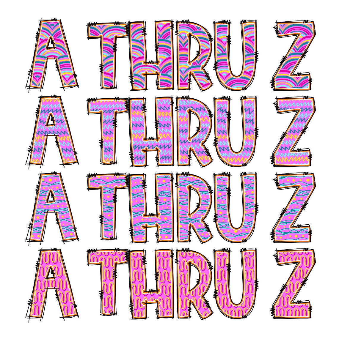 Spring Doodle Alpha Packs Set of 4 PNG Fill Doodle Alphabets | Etsy